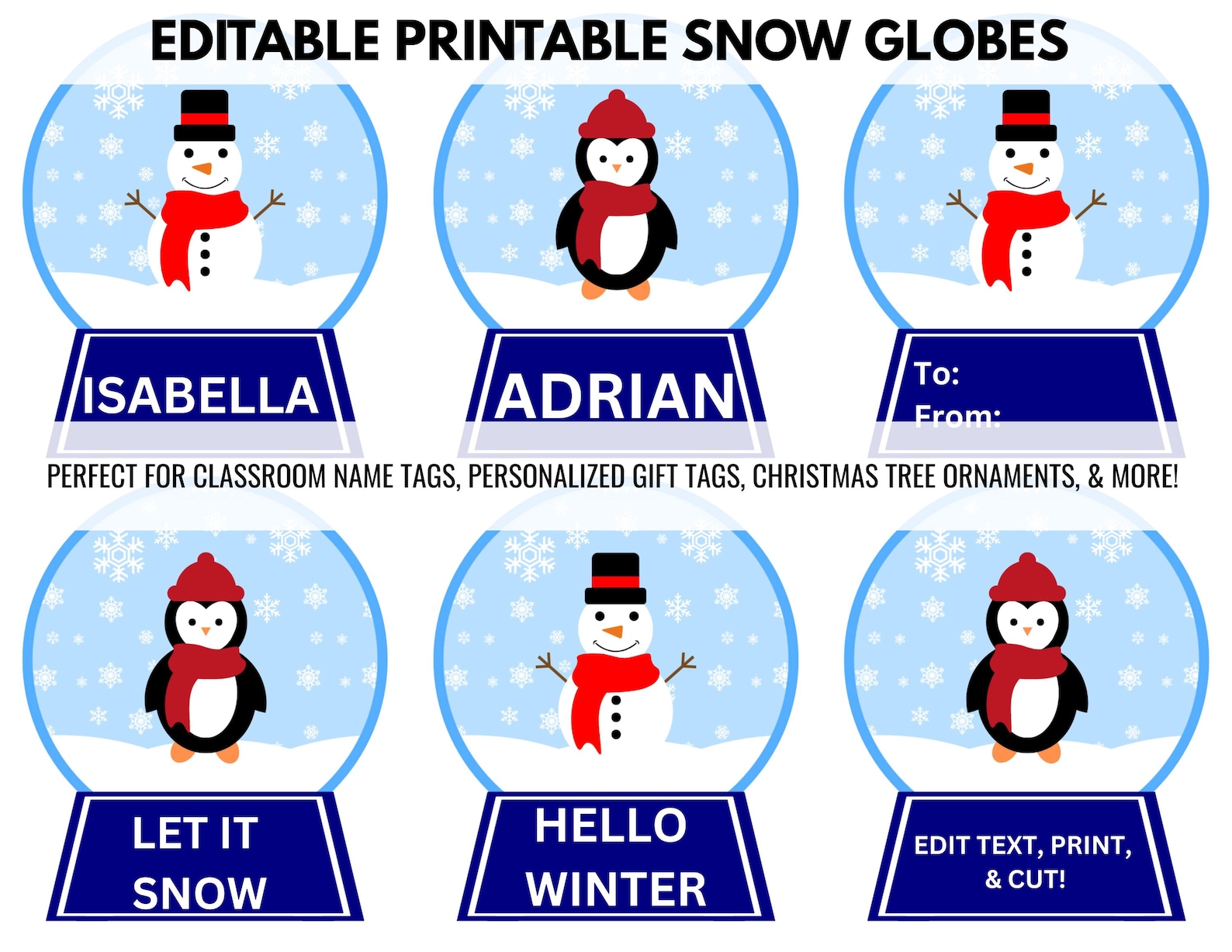 Snowman & Penguin Snow Globe Tags – Editable – Printable for Winter ...