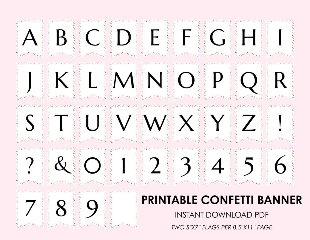 Printable Confetti Banner Letters A–Z & Numbers – 5x7 Flag Bunting ...