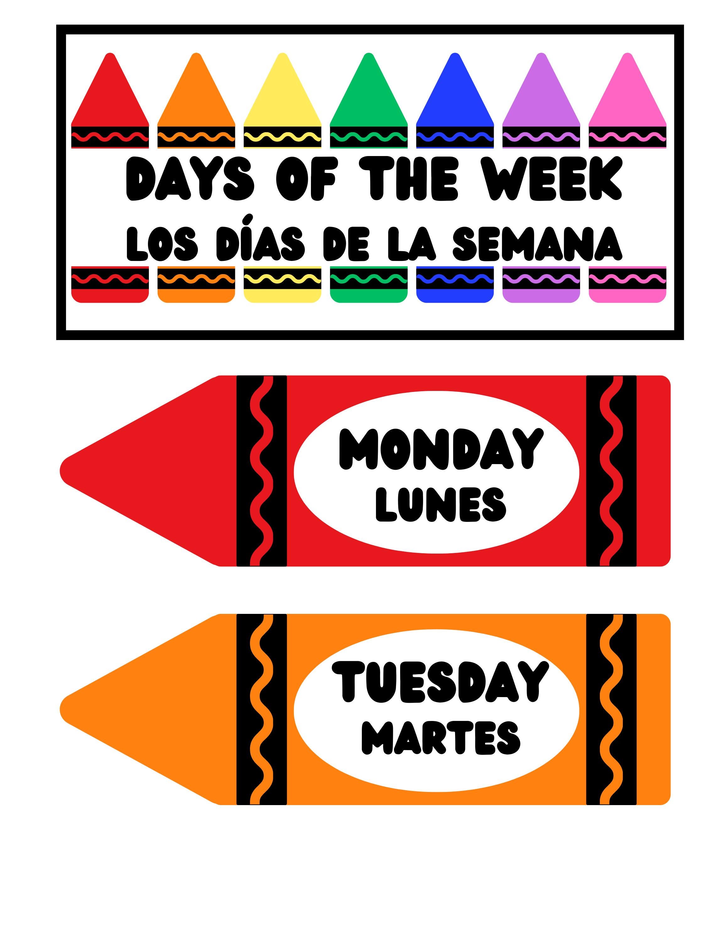 Days and Months English and Spanish Printable | Crayon-themed Classroom ...