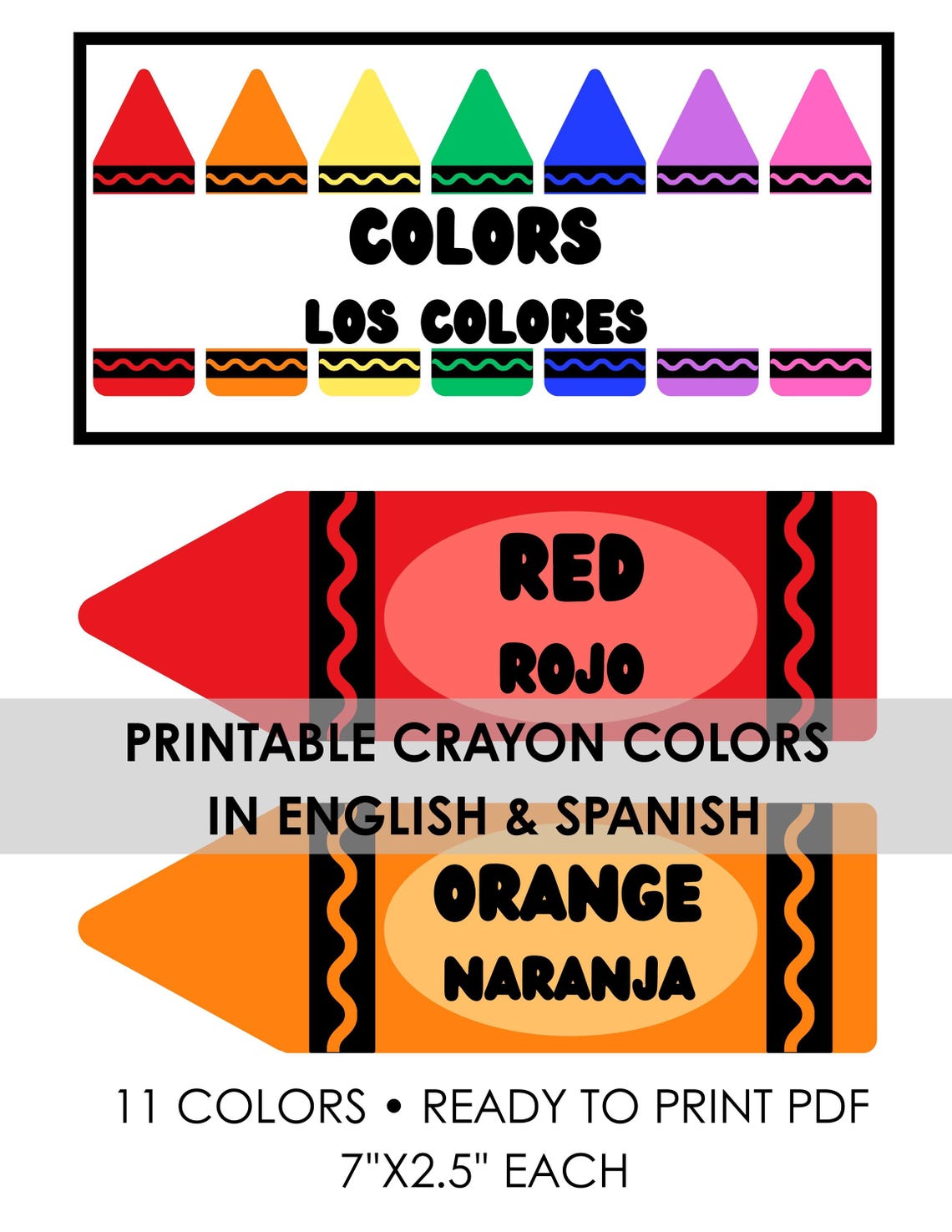 Printable Crayon Color Flashcards in English and Spanish | 11 Colors ...
