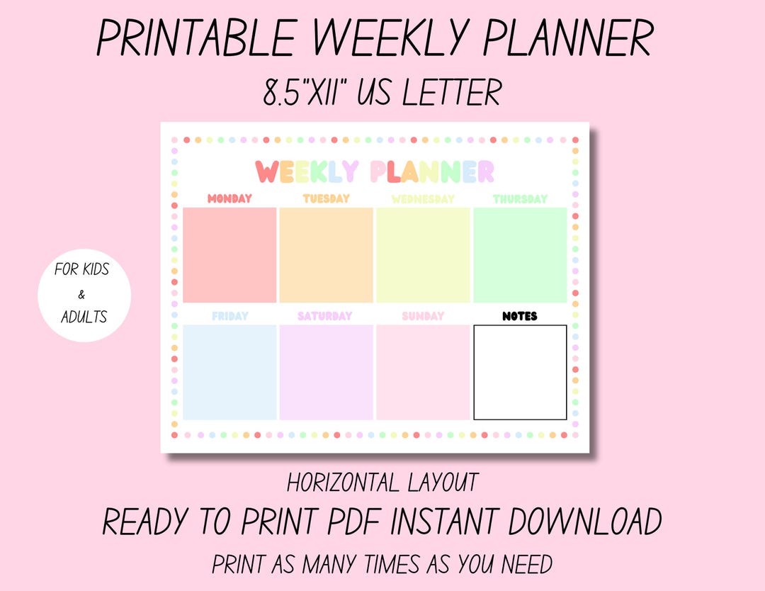 Pastel Weekly Planner Printable | 8.5"x11" Digital Download | Cute ...