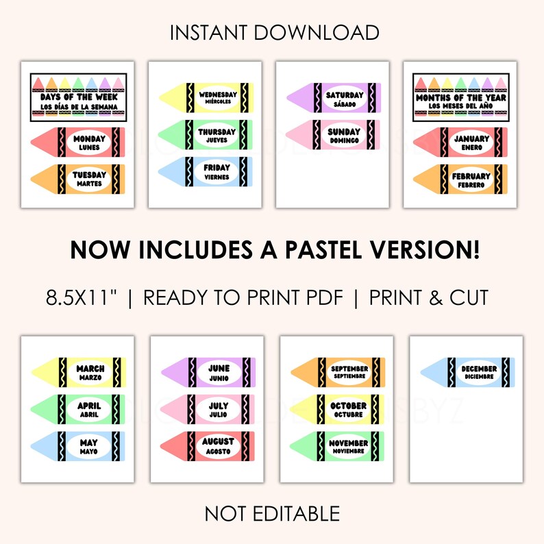 Days and Months English and Spanish Printable | Crayon-themed Classroom ...
