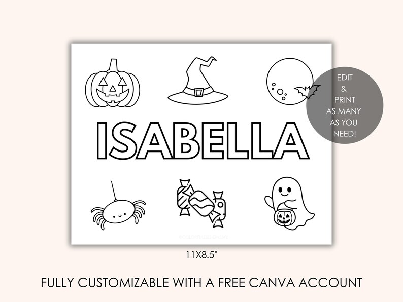 Editable Halloween Coloring Page Canva Template | Personalized Name ...
