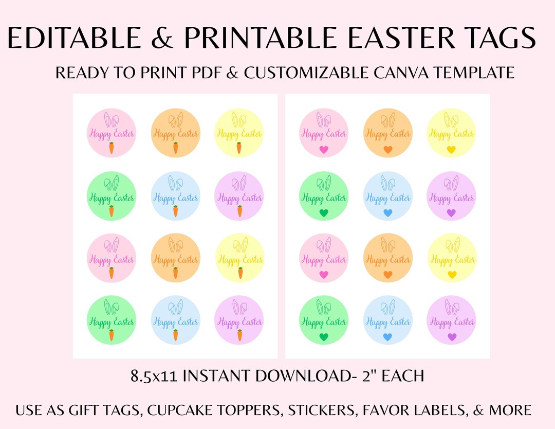 Editable Easter Tags | 2” Circle Stickers or Toppers | PDF + Canva ...