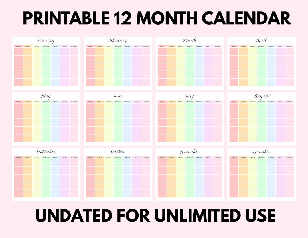 Calendar Printable PDF – Sunday & Monday Start – Blank + White Date ...