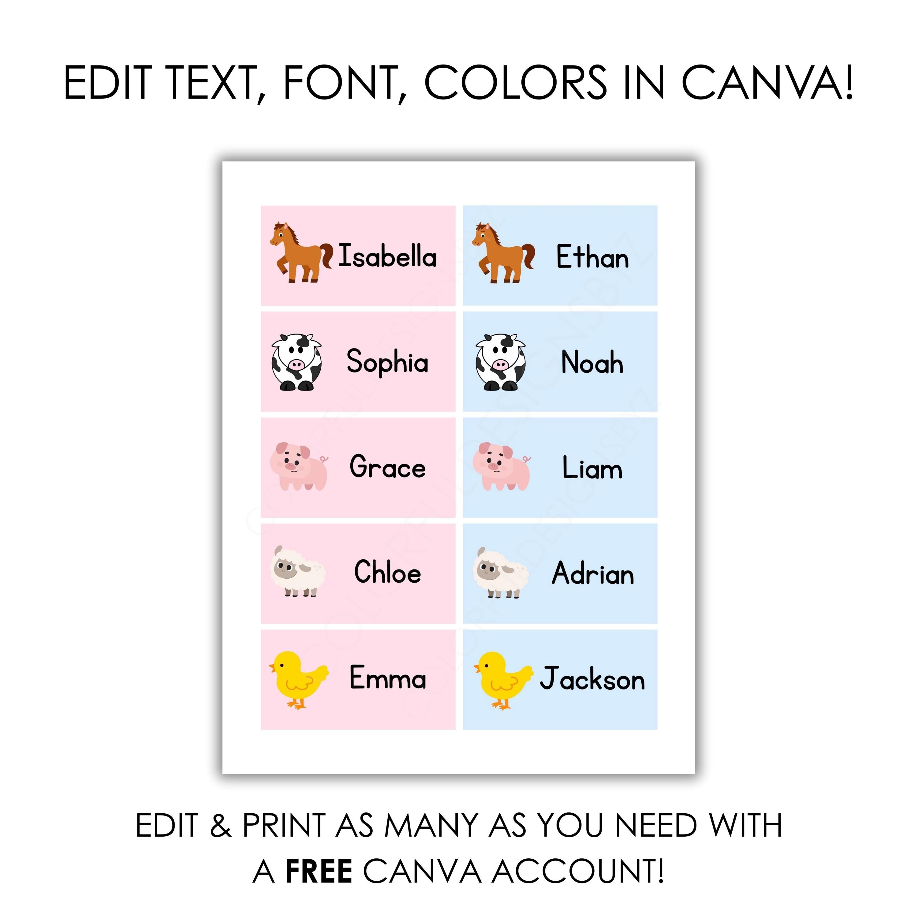 Editable Farm Animal Name Tags – Custom Canva Template – Printable Kids ...