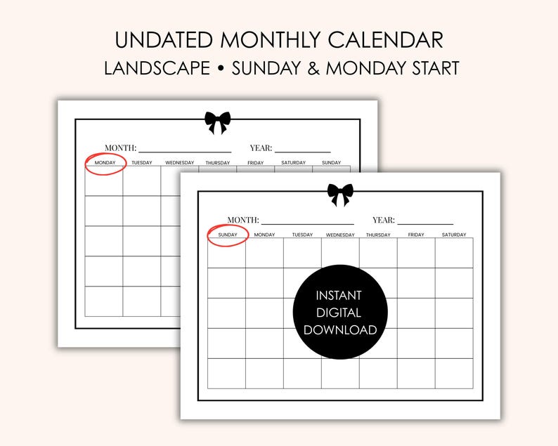 Black Bow Printable Planner Set | Undated Calendar, Weekly Planner ...