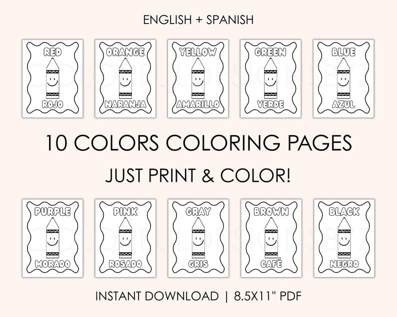 Bilingual Color Coloring Pages | English & Spanish Crayon Theme | 10 ...