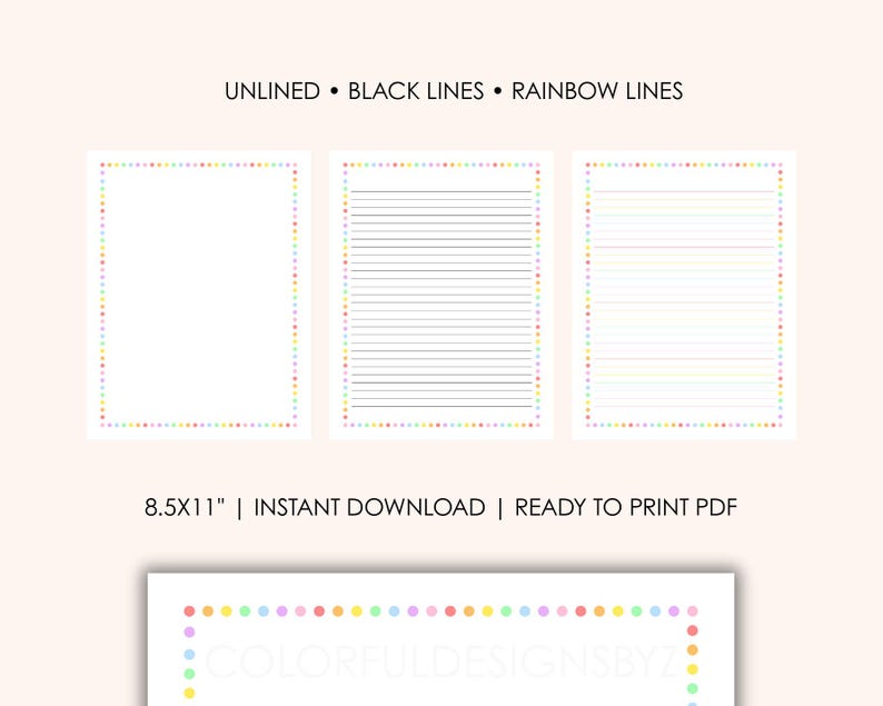 Pastel Rainbow Dot Writing Paper Printable | Cute Lined & Blank ...