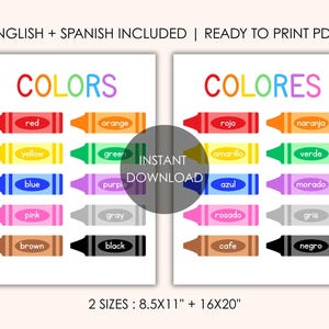 Colors Poster Printable Bilingual English & Spanish | Crayon Theme ...