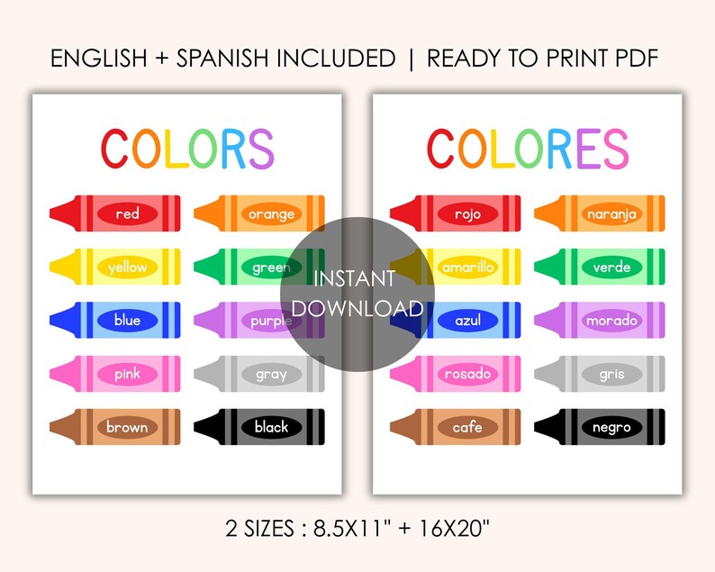 Colors Poster Printable Bilingual English & Spanish | Crayon Theme ...