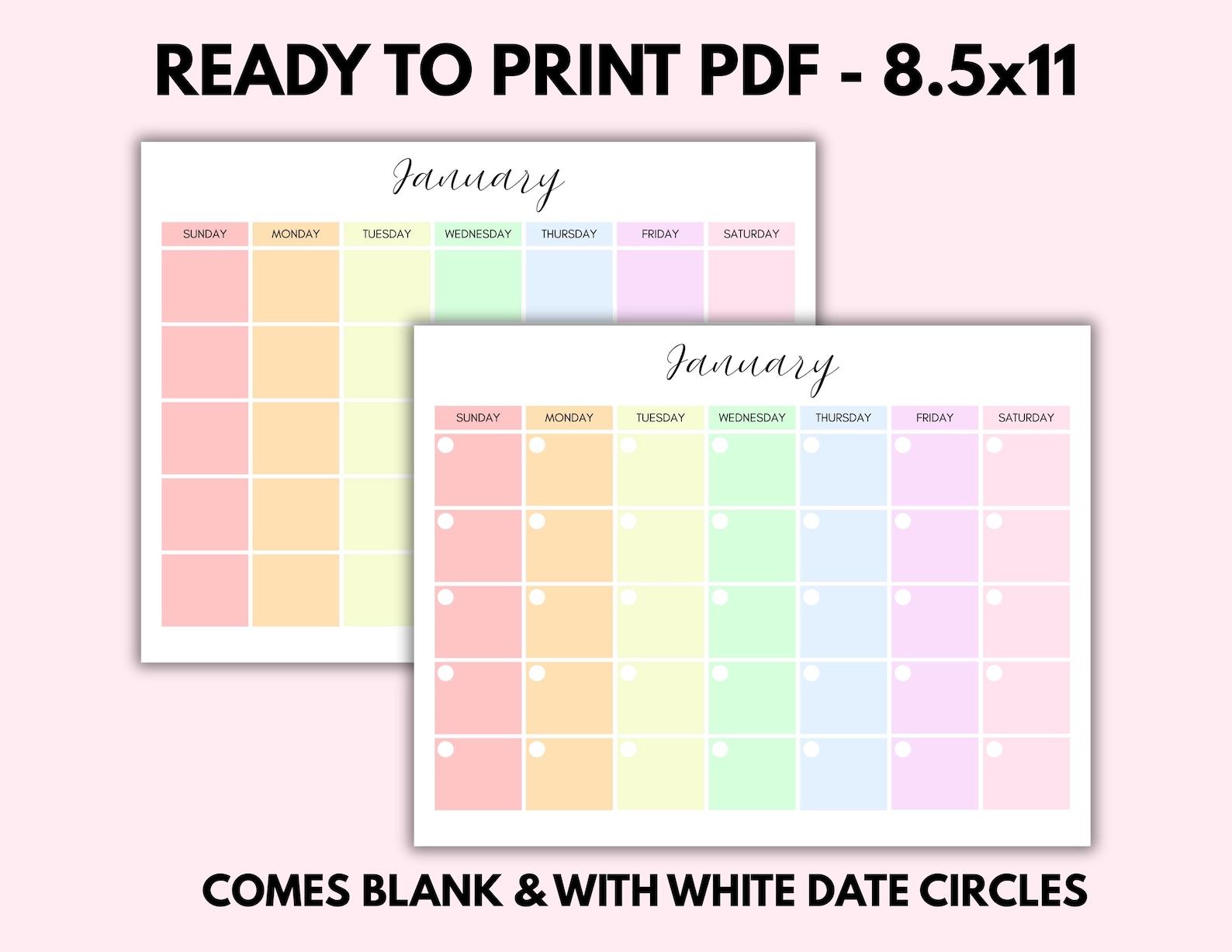 Calendar Printable PDF – Sunday & Monday Start – Blank + White Date ...