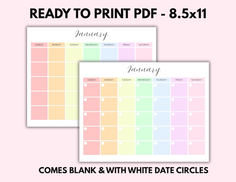Calendar Printable PDF – Sunday & Monday Start – Blank + White Date ...