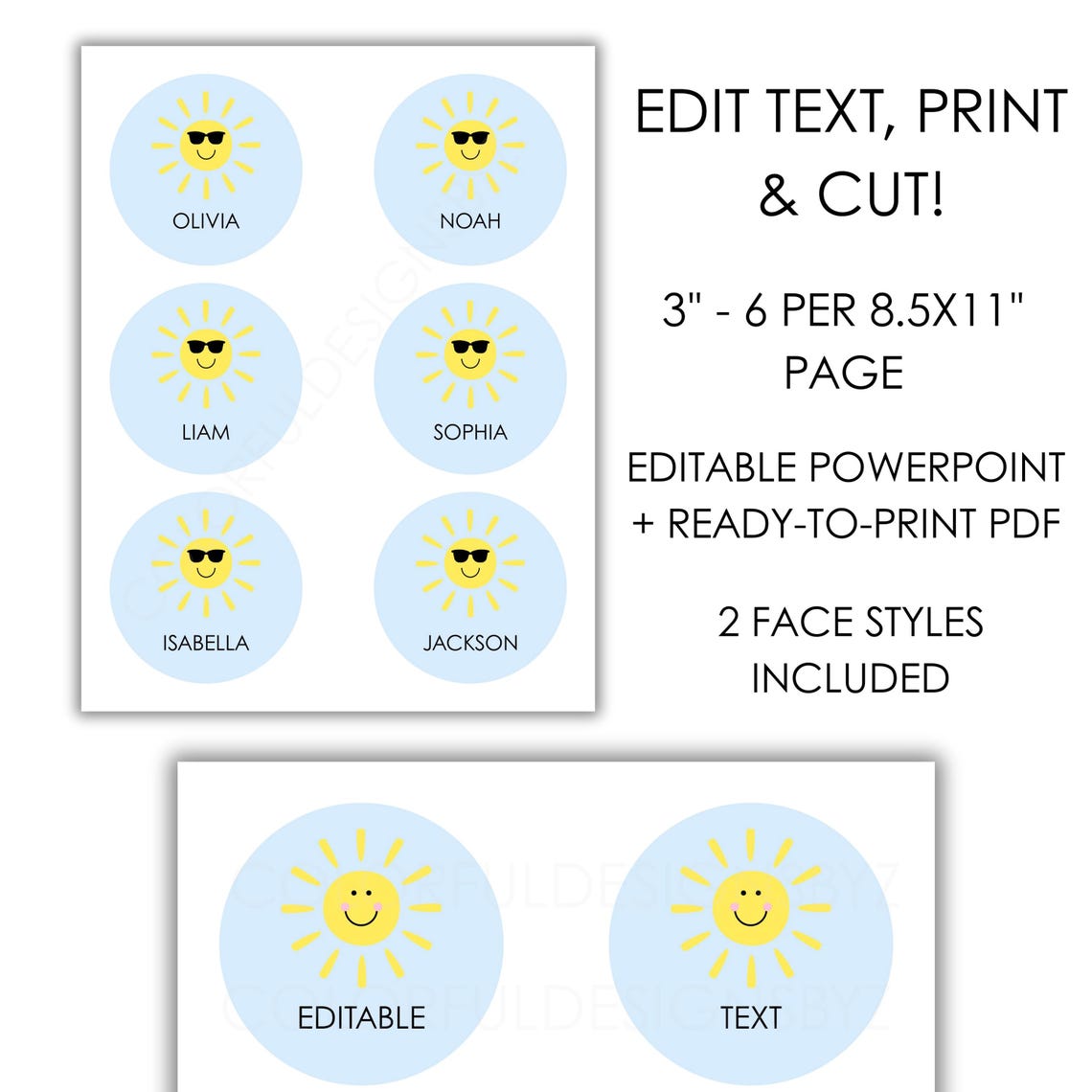 Editable Sun-themed Labels - 3" Round Tags - Instant Download ...