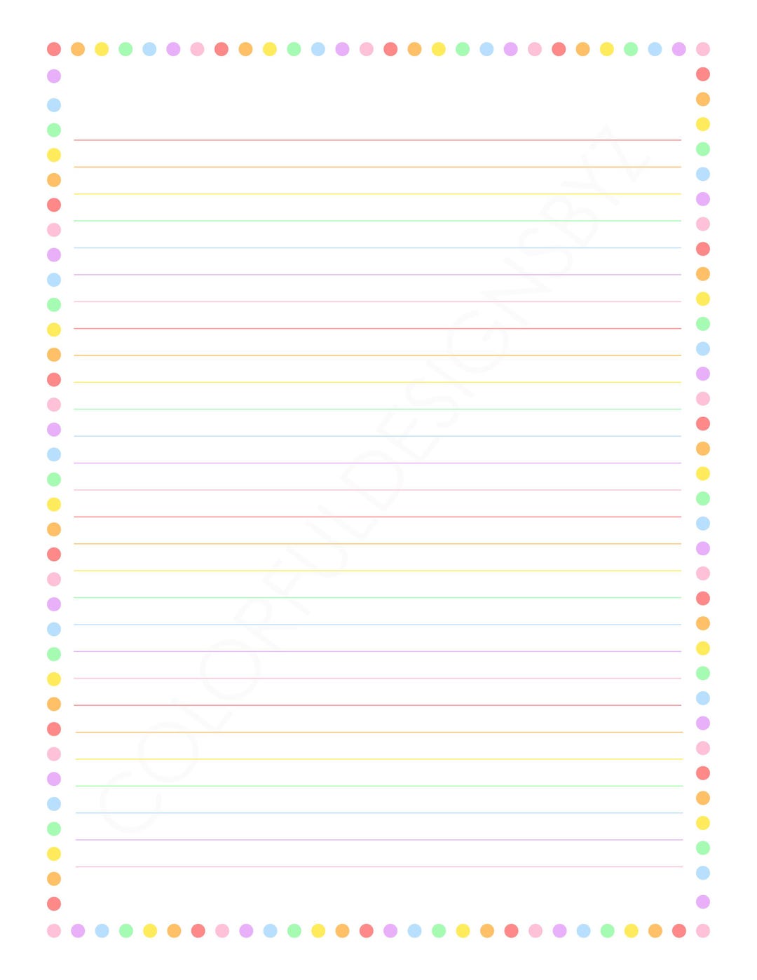 Pastel Rainbow Dot Writing Paper Printable | Cute Lined & Blank ...