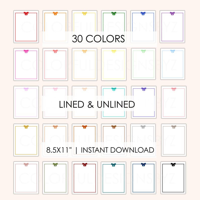 30 Colors Bow Stationery Bundle – Lined & Unlined Printable Paper | 8 ...