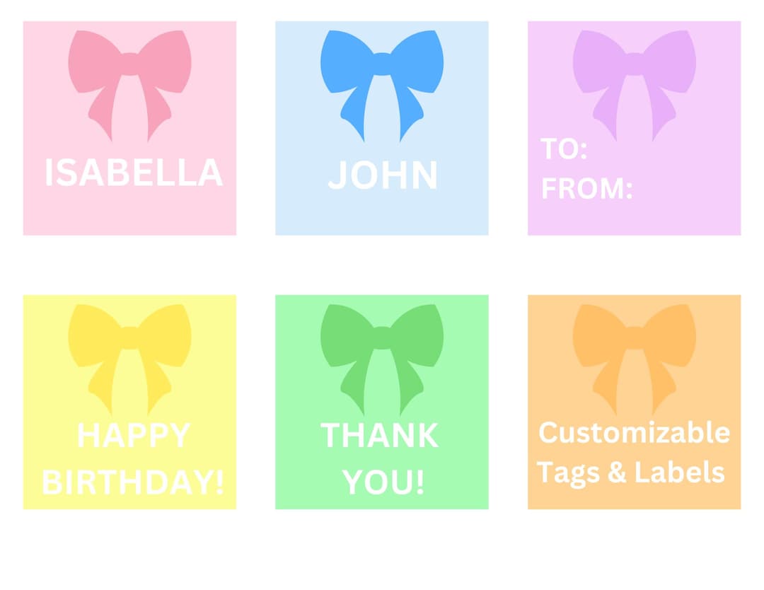 Editable Bow Gift Tags & Labels Pastel Bow Design 3 Square 6 Colors ...