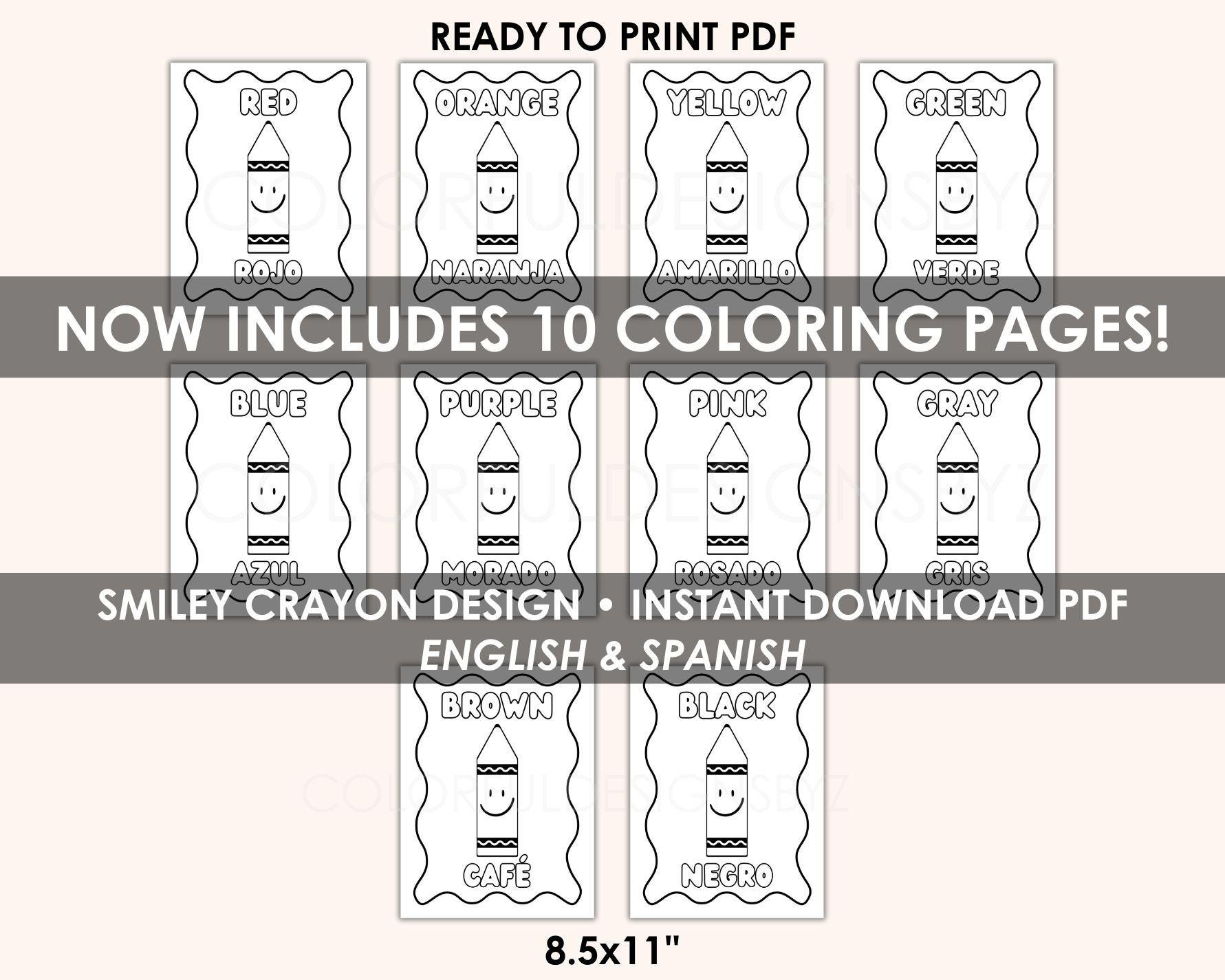 Printable Crayon Color Flashcards in English and Spanish | 11 Colors ...