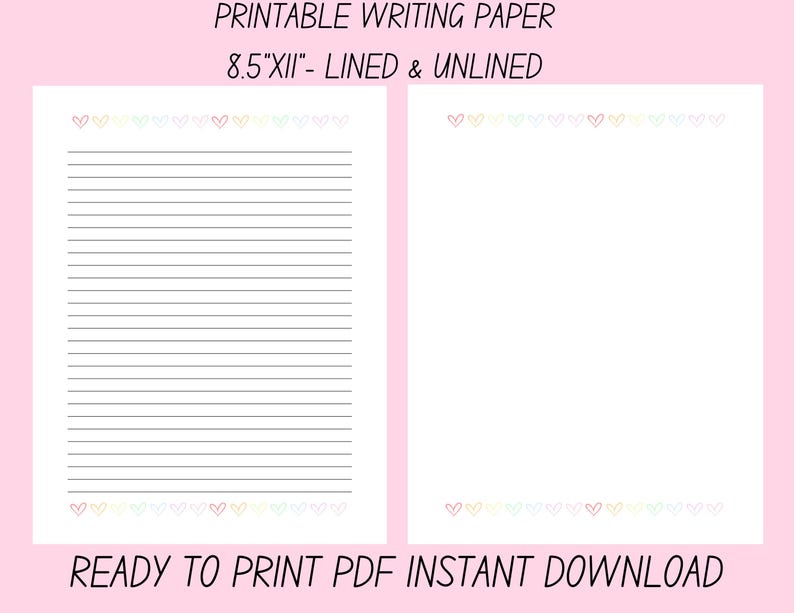 Pastel Heart Border Printable Lined & Blank Stationery | Digital Letter ...