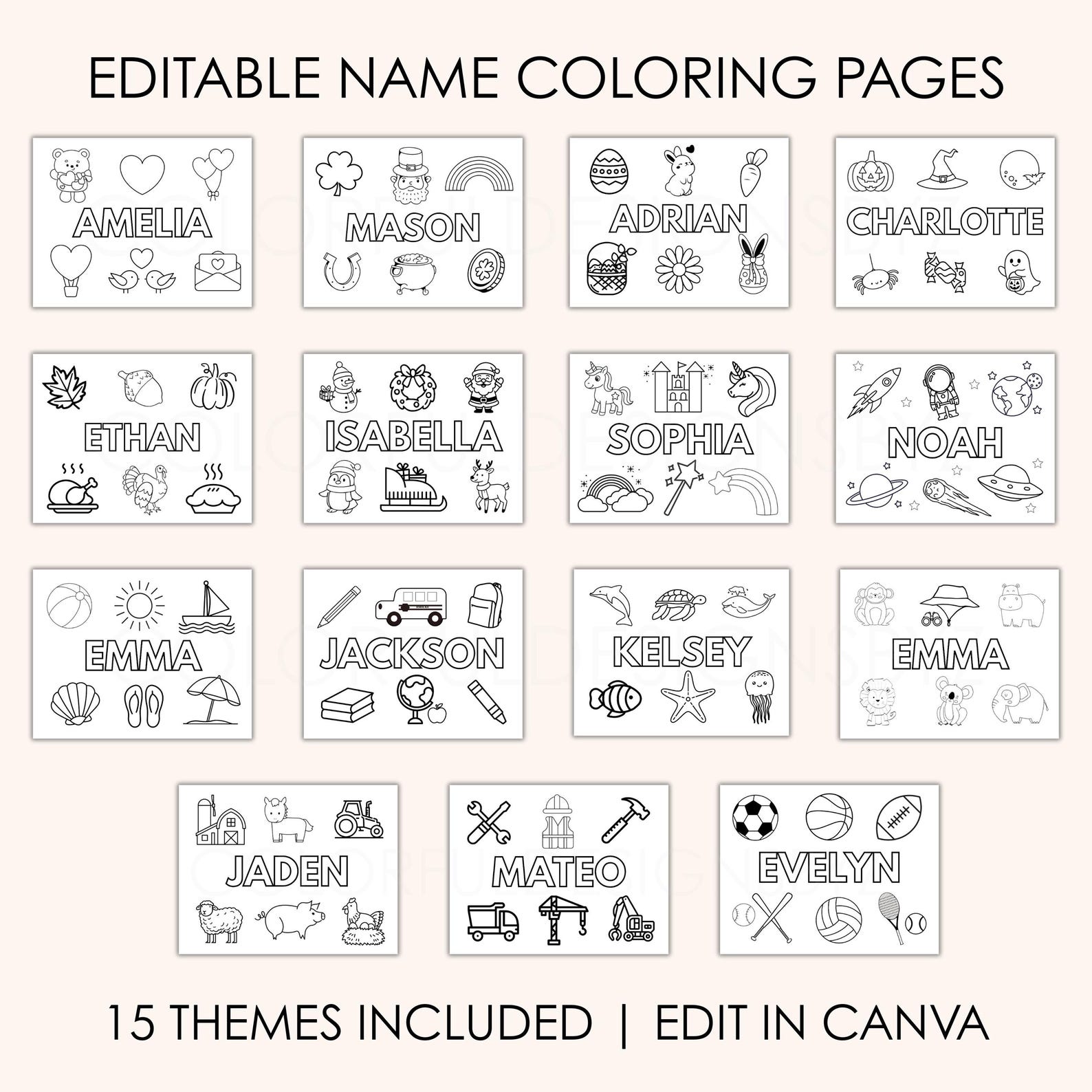 Editable Name Coloring Pages • 15 Themes Kids Printable • Custom Name ...