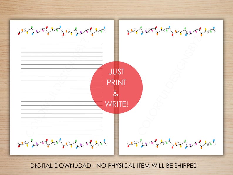Christmas Lights Writing Paper Printable | Lined and Unlined Holiday ...