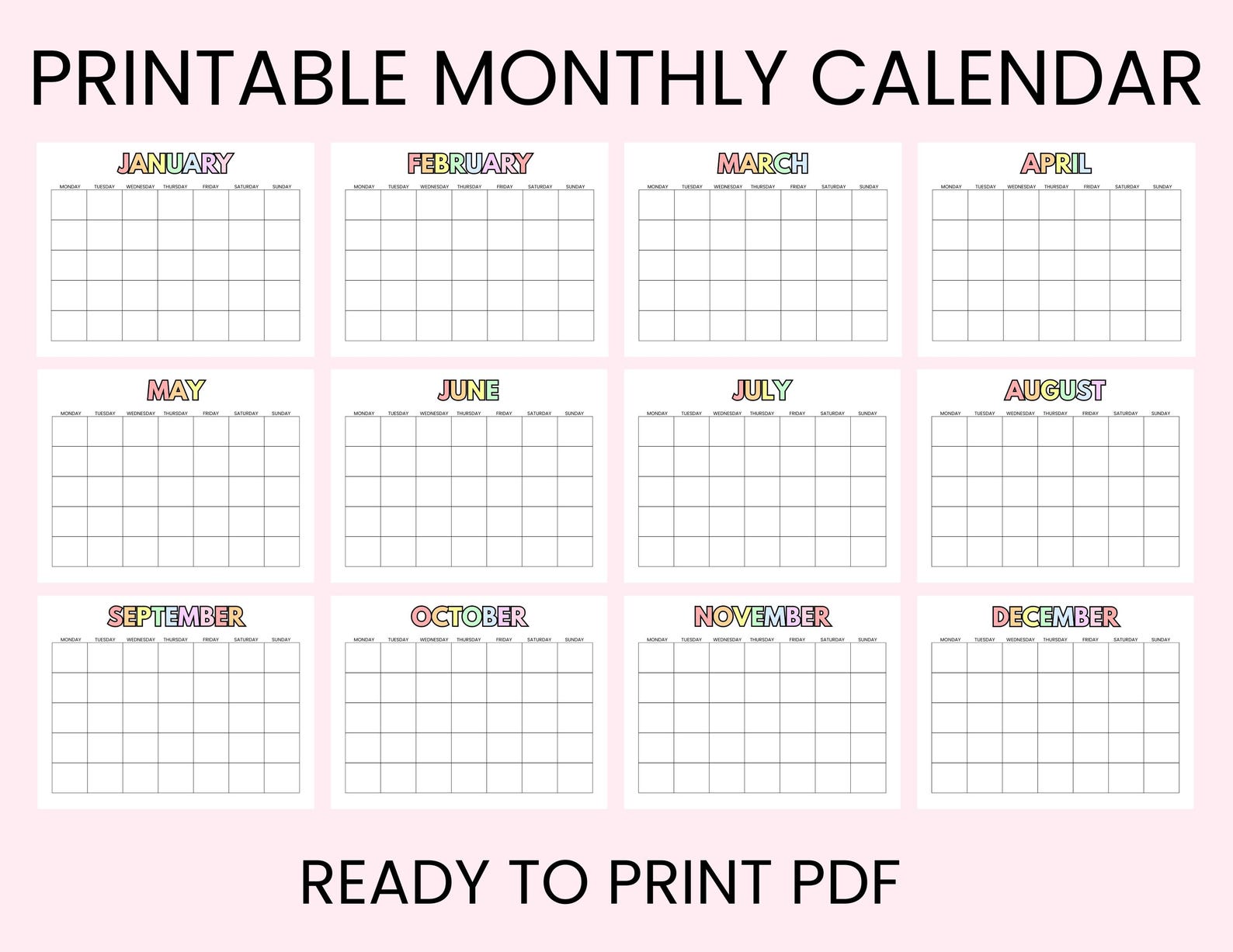 Pastel Calendar Printable PDF | Rainbow Monthly Calendar | Sunday ...