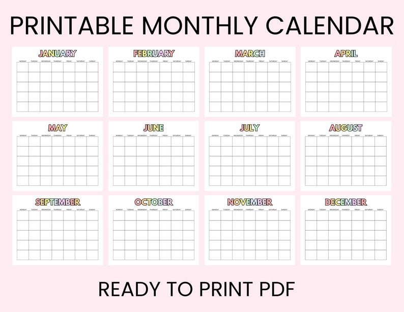 Pastel Calendar Printable PDF | Rainbow Monthly Calendar | Sunday ...
