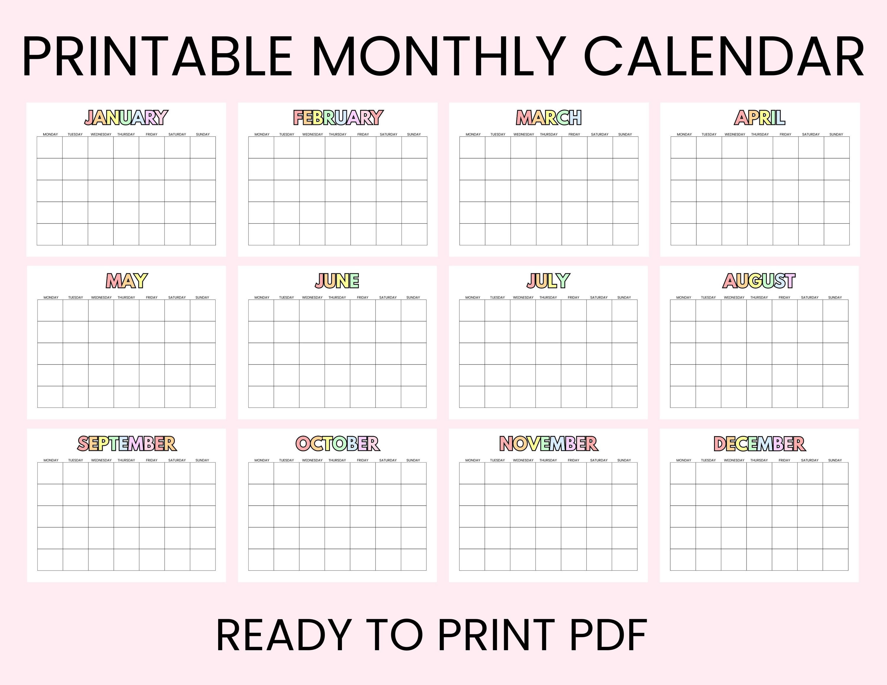 Pastel Calendar Printable PDF | Rainbow Monthly Calendar | Sunday ...