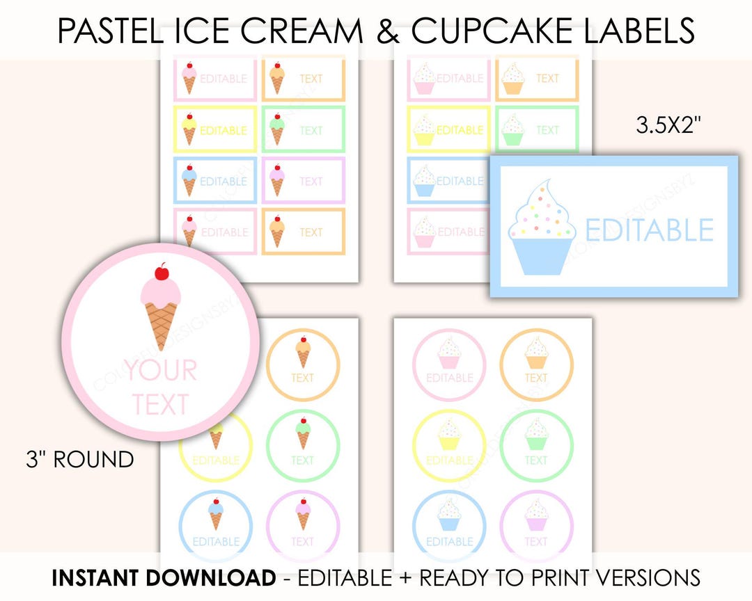 Pastel Ice Cream Cone & Cupcake Labels – 3.5x2 Rectangles + 3” Circles ...
