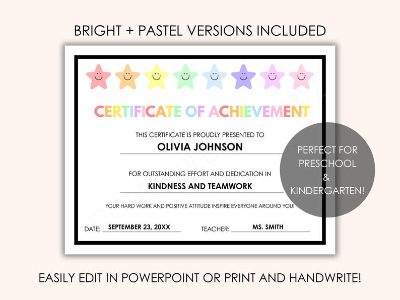 Editable Certificate for Students | Rainbow Star Award | Printable ...