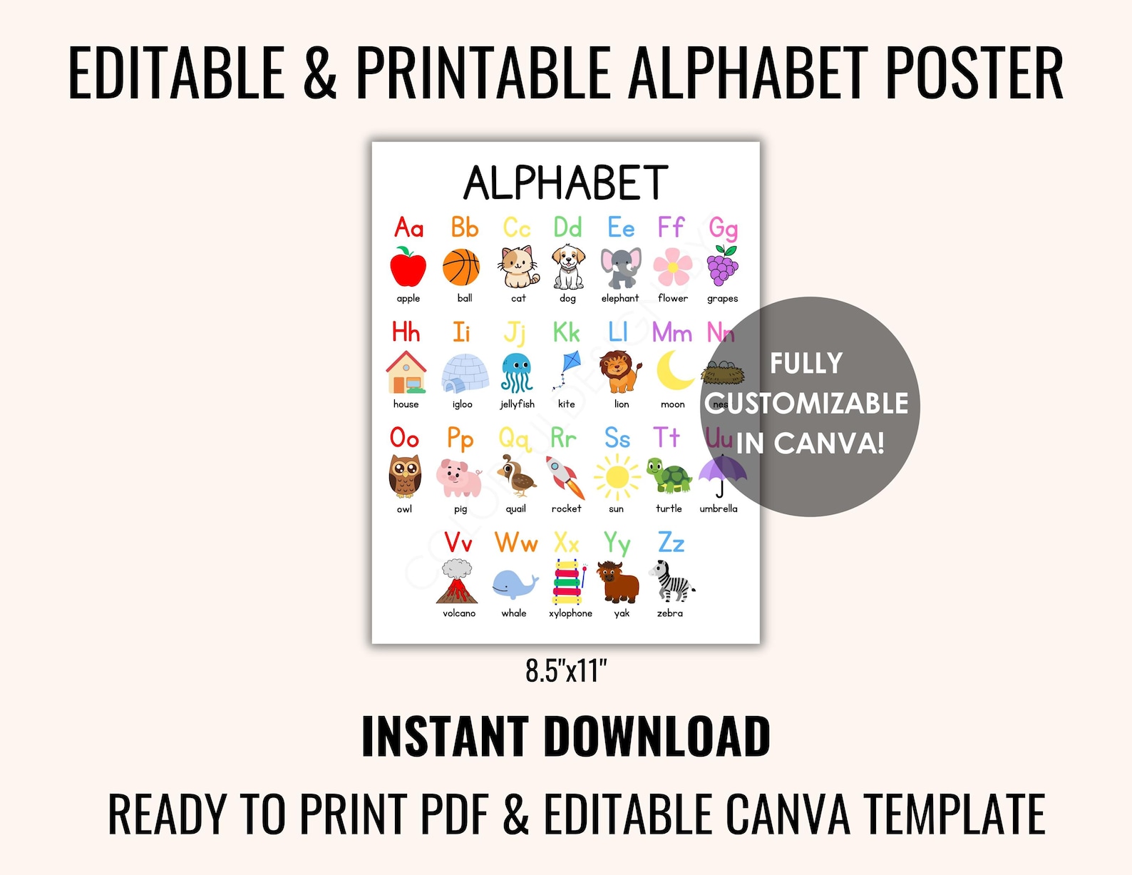 Editable Alphabet Poster | Printable ABC Chart | Canva Template ...
