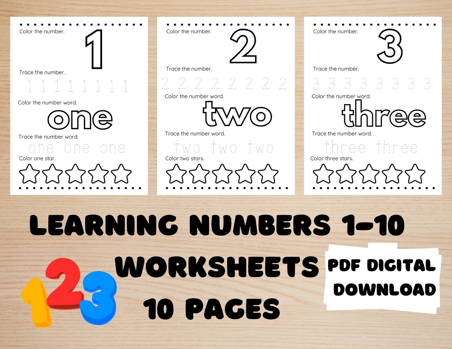 PRINTABLE Numbers 1-10 Trace and Color Worksheets for Preschool ...