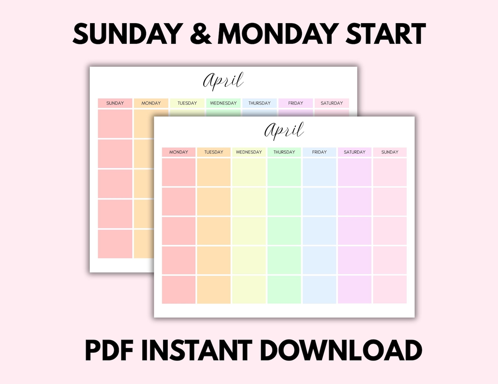 Calendar Printable PDF – Sunday & Monday Start – Blank + White Date ...