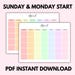 Calendar Printable PDF – Sunday & Monday Start – Blank + White Date ...