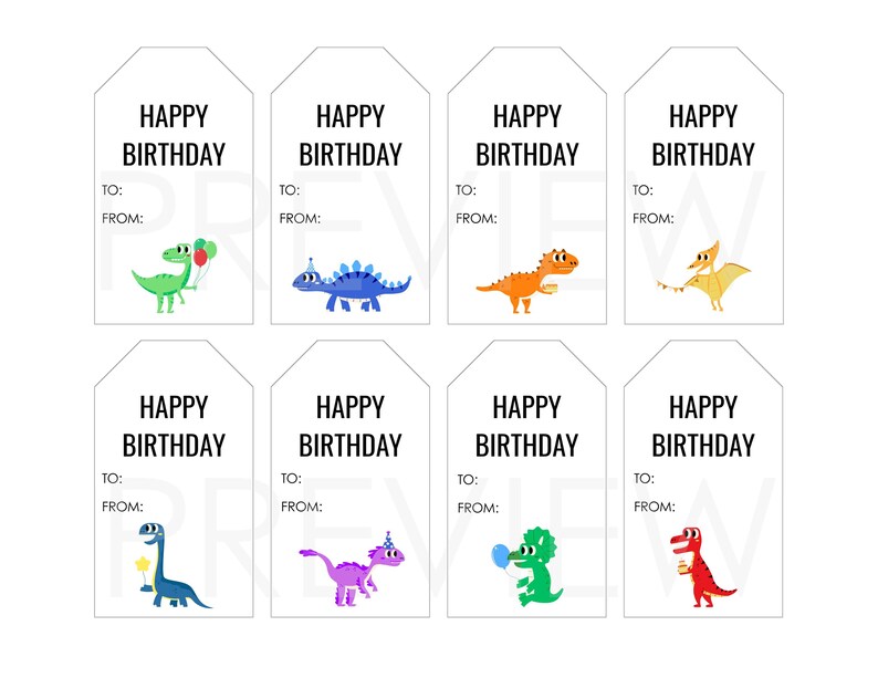 Dinosaur Birthday Gift Tags Printable, Kids Party Favor Tags, Happy ...