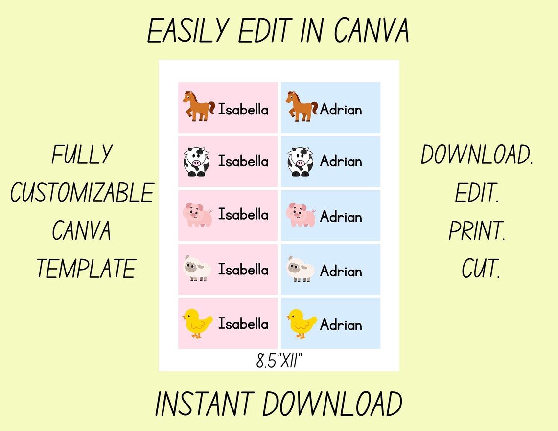 Editable Farm Animal Name Tags – Custom Canva Template – Printable Kids ...
