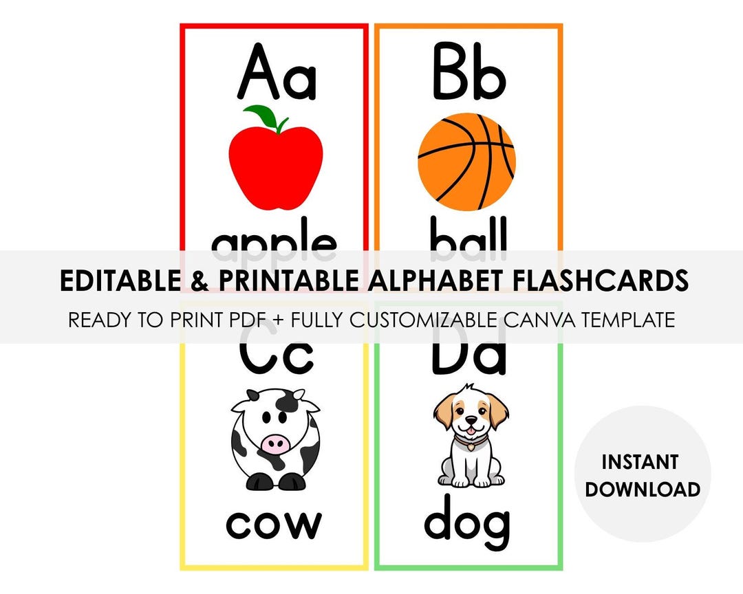 Alphabet Flashcards - Printable PDF & Fully Editable Canva Template - Etsy