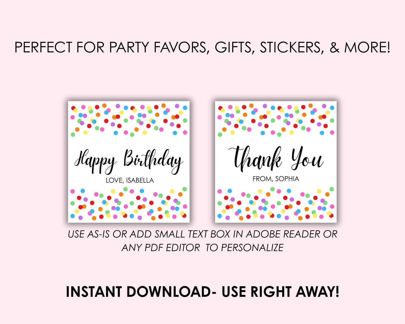 Printable Confetti Tags – Happy Birthday & Thank You – 2.5" Square – 9 ...