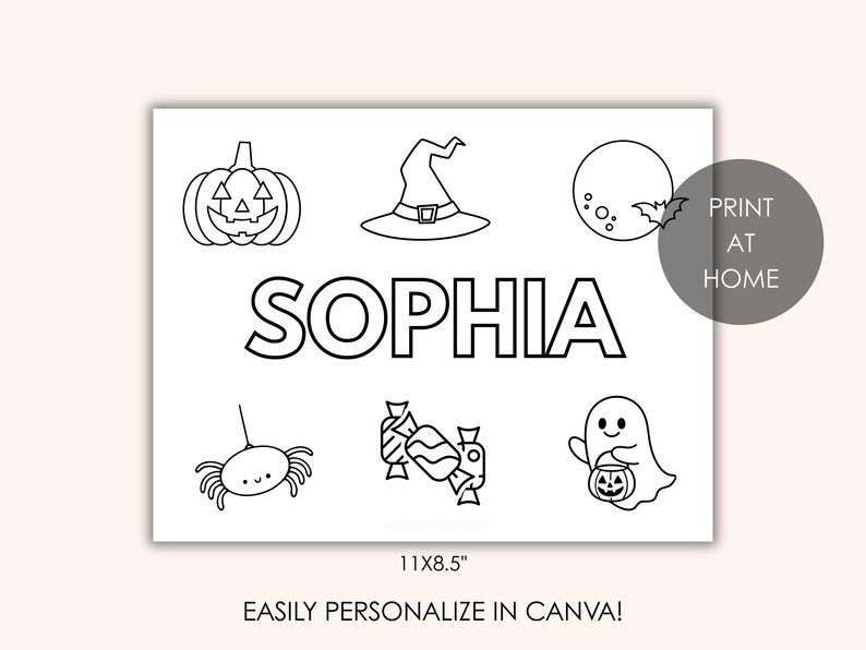 Editable Halloween Coloring Page Canva Template | Personalized Name ...