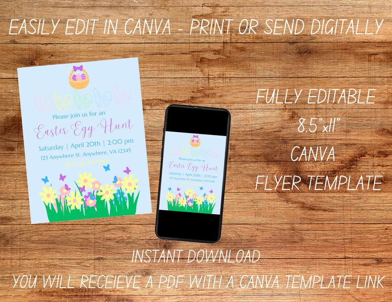 Editable Easter Egg Hunt Invitation Canva Template, Easter Party Flyer ...