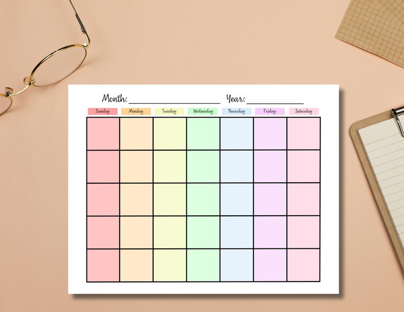 Undated Monthly Calendar Printable - Colorful Pastel Aesthetic Planner ...