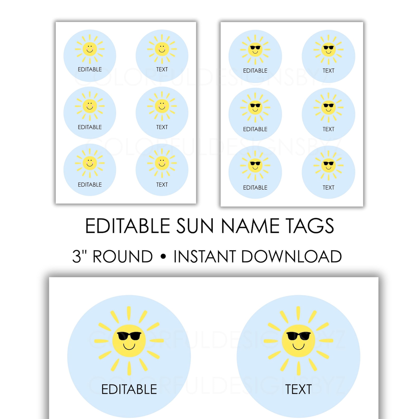 Editable Sun-themed Labels - 3" Round Tags - Instant Download ...