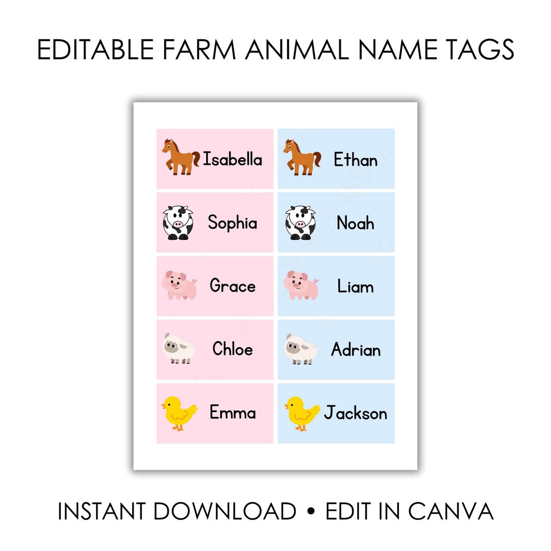 Editable Farm Animal Name Tags – Custom Canva Template – Printable Kids ...