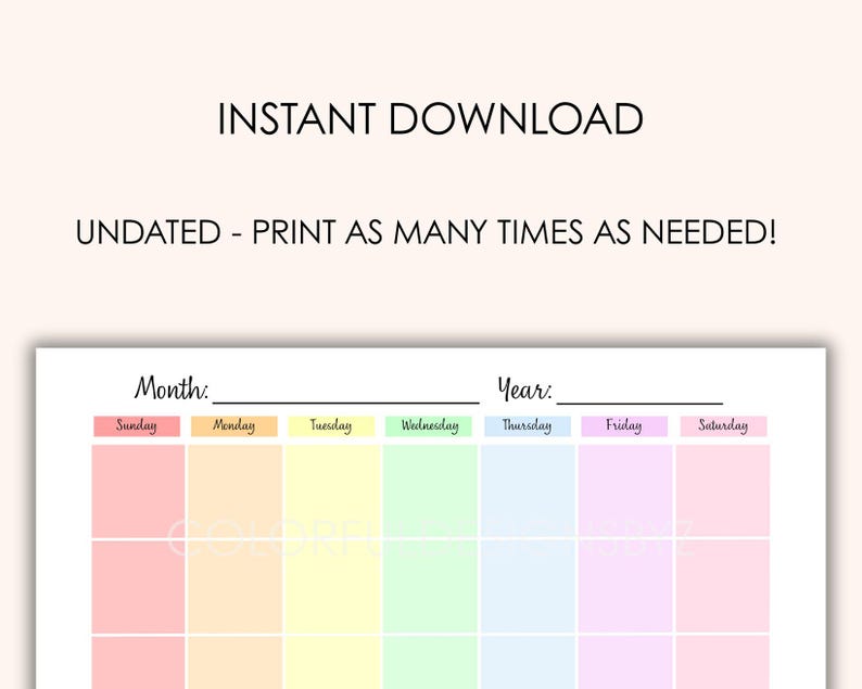 Pastel Rainbow Undated Monthly Calendar Printable – Sunday & Monday ...