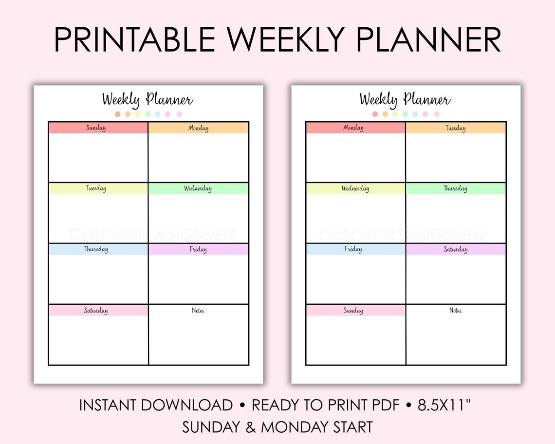 Printable Weekly Planner | Monday & Sunday Start | 2 PDF Files | 8.5 ...