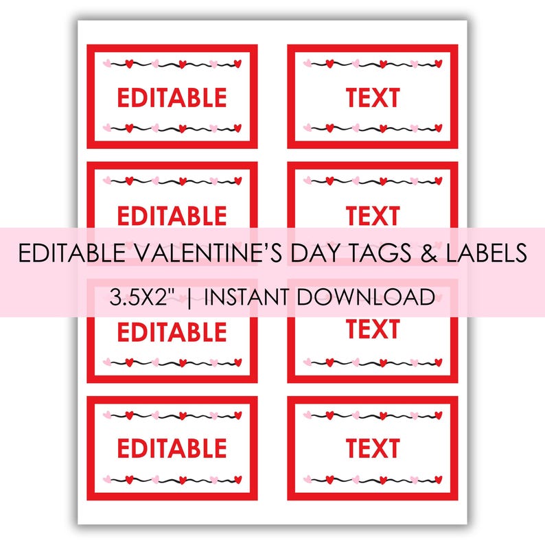 Editable Valentine’s Day Tags | Printable Red & Pink Heart Labels ...