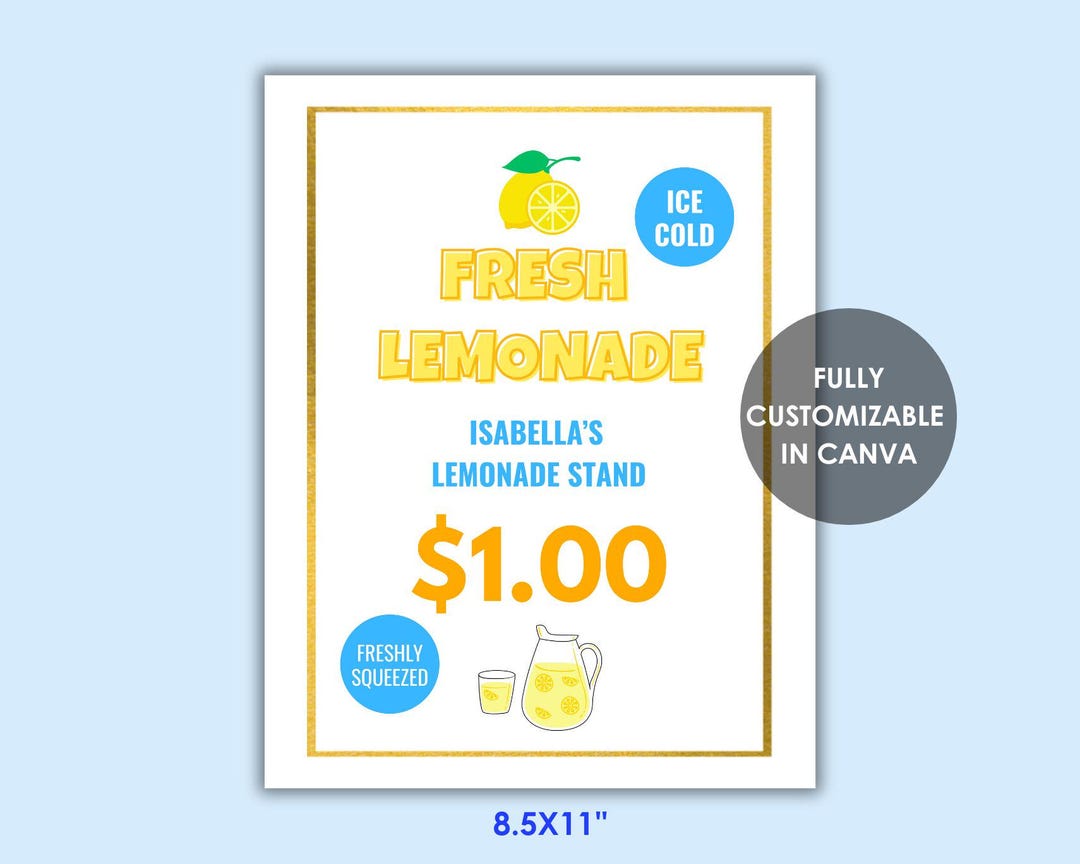 Editable Lemonade Stand Sign Canva Template – 8.5x11 Printable Summer ...
