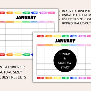 Printable Calendar for Kids | 12-month Crayon Theme | Sunday & Monday ...
