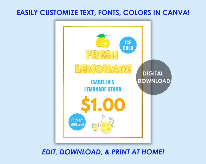 Editable Lemonade Stand Sign Canva Template – 8.5x11 Printable Summer ...
