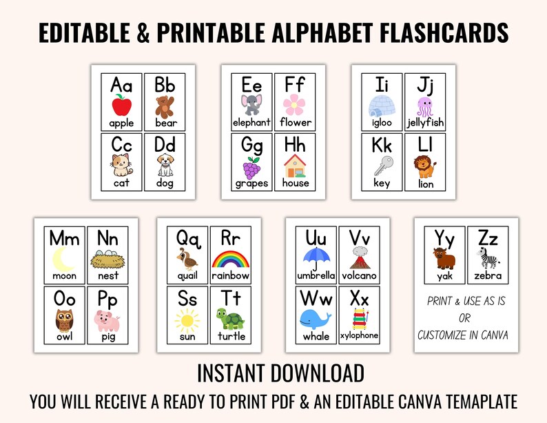 Printable Alphabet Flashcards | A-Z Classroom Decor | Editable Canva ...